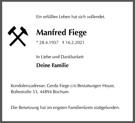 Traueranzeigen Von Manfred Fiege Trauer In Nrw De