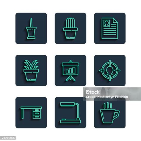 라인 사무실 책상 테이블 램프 커피 컵 이력서 다이어그램이 있는 칠판 냄비에 식물 푸시 핀 및 머리 사냥 개념 아이콘을 설정합니다 벡터 0명에 대한 스톡 벡터 아트 및 기타