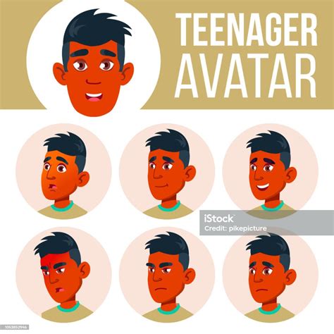 십 대 소년 아바타 설정된 벡터입니다 인도 힌두교 아시아 얼굴의 감정 어린이 젊은이입니다 생활 감정입니다 만화 머리 그림 건강한 생활방식에 대한 스톡 벡터 아트 및 기타
