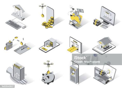 은행 개념 3d 아이소메트릭 아이콘 세트 은행 신청 세금 납부 예금 송금 재무 분석 감사 및 기타의 포장 요소 현대 아이소메트리 디자인의 벡터 일러스트 레이 션 3차원