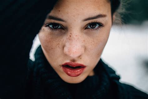 Women Freckles Face Portrait Red Lipstick Depth Of Field Wallpaper