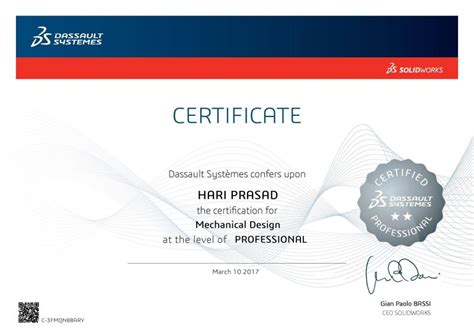 Hari Prasad Reddy P On Linkedin My Certification For Solidworks Professional From Dassault