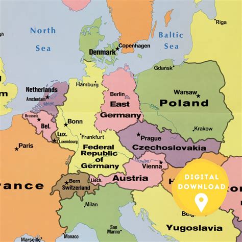 1970s Europe Political Map Vintage Style Wall Art Digital Download