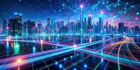 Futuristic Cityscape With Glowing Network And Data Flow Stock Illustration Illustration Of