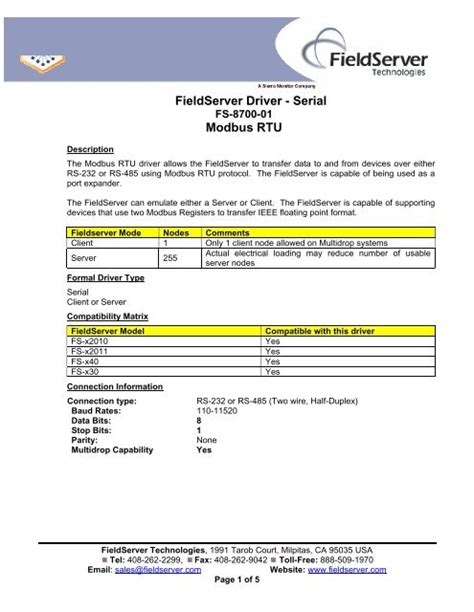 Fieldserver Driver Serial Modbus Rtu Chipkin Automation Systems