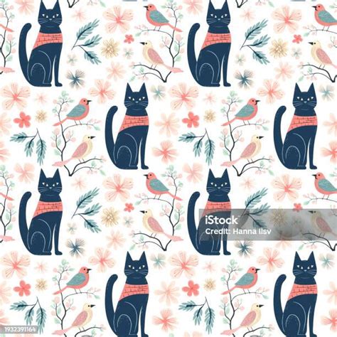 벡터 완벽 한 패턴 와 Cats 와 새 민속 스타일의 봄 배경입니다 꽃 벽지 계절에 대한 스톡 벡터 아트 및 기타 이미지