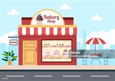 포스터 일러스트레이션을 위해 평평한 배경에서 구운 백빵 페이스트리 등 다양한 종류의 빵을 판매하는 베이커리 숍 빌딩 도넛에 대한 스톡 벡터 아트 및 기타 이미지 Istock