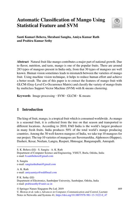 Pdf Automatic Classification Of Mango Using Statistical Feature And Svm