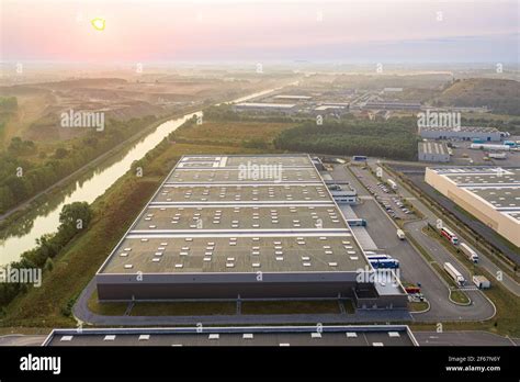 Beautiful Aerial View Of Warehouse Building In Logistic Site In