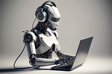 3d Rendering Humanoid Robot Working With Headset And Notebook Stock Illustration Illustration