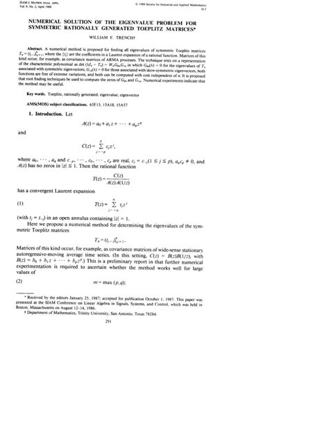 Pdf Numerical Solution Of The Eigenvalue Problem For Symmetric Rationally Generated Toeplitz