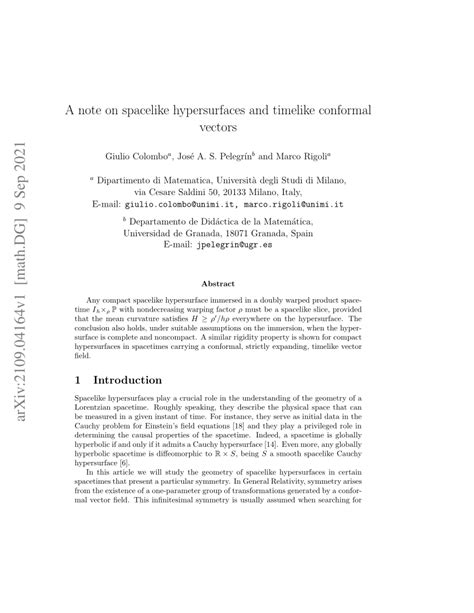 Pdf A Note On Spacelike Hypersurfaces And Timelike Conformal Vectors