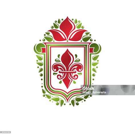릴리 꽃 로얄 기호를 사용 하 여 만든 빈티지 문장 학 상징 최고의 품질 제품 기호 자연 보호 테마 그림 방패 장식 Cartouche 고딕 양식에 대한 스톡 벡터 아트 및
