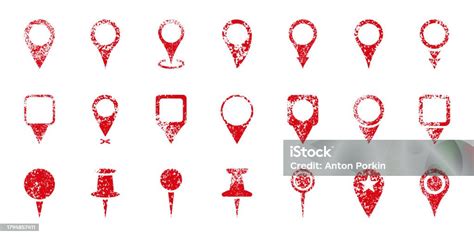 맵 포인터 그런 지 아이콘 세트입니다 레드 로케이션 핀 Grimy 컬렉션 흰색 배경에 더티 맵 마커입니다 Gps 네비게이션 표지판입니다 위치 표시 대상 태그 고립된 벡터