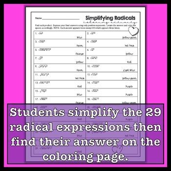 Simplifying Radicals With Variables Coloring Activity NEW Digital Version Added
