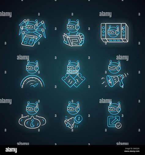 Web Robots Neon Light Icons Set Crawler Text Reading Propaganda Informational Bot Proactive