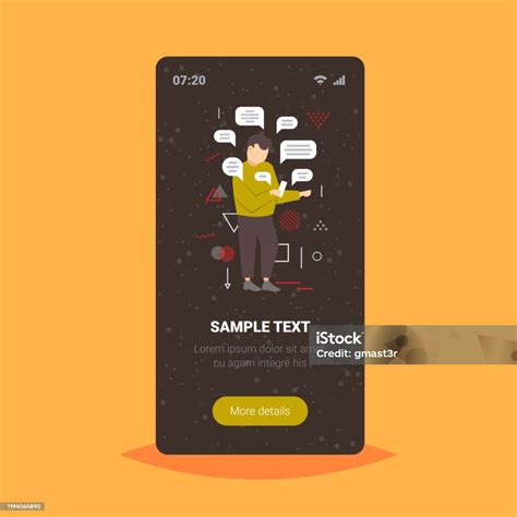 사업자 채팅 응용 프로그램 소셜 네트워크 음성 채팅 버블 통신 개념 스마트 폰 화면 온라인 모바일 응용 프로그램 전체 길이를 사용하여 사업가 가공의 인물에 대한 스톡 벡터