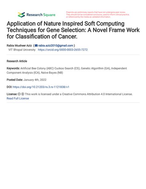 Pdf Application Of Nature Inspired Soft Computing Techniques For Gene Selection A Novel Frame