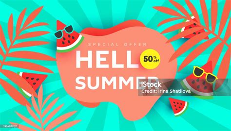 안녕하세요 여름 판매 배너 디자인 열대 잎 잘 익은 수박 조각 줄무늬 녹색 배경에 상점 마케팅 프로모션 여름에 대한 스톡 벡터