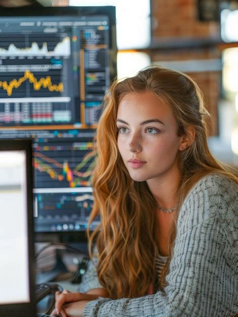 Premium Photo Young Professional Woman Analyzing Financial Charts On Computer Screen In Modern