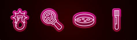 세트 라인 화학 폭발 돋보기 아래 미생물 박테리아가있는 페트리 접시 및 시험관 및 플라스크 빛나는 네온 아이콘입니다 벡터 건강 검진에 대한 스톡 벡터 아트 및 기타 이미지