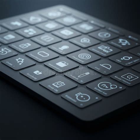 A Dark Keyboard Featuring Flat Square Keys With Various White Icons And Symbols Stock