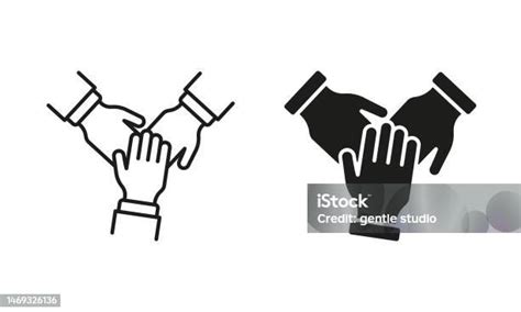 팀워크 동맹 파트너십 및 도움 함께 실루엣과 선 아이콘 세트 공동 작업 그룹 팀 작업 픽토그램 회사 참여 아이콘입니다 편집 가능한 획 고립된 벡터 그림 손에 대한 스톡 벡터