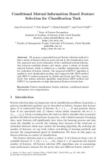 Pdf Conditional Mutual Information Based Feature Selection For Classification Task