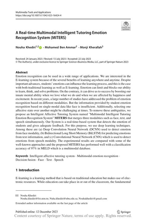 A Real Time Multimodal Intelligent Tutoring Emotion Recognition System Miters Request Pdf