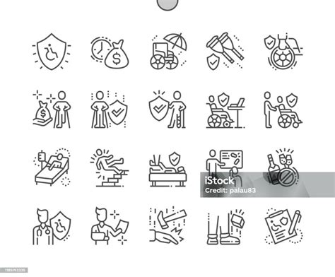 장애 보험 잘 만들어진 픽셀 완벽한 벡터 얇은 라인 아이콘 30 웹 그래픽 및 응용 프로그램을위한 그리드 2x 간단한 최소한의 그림 가리기에 대한 스톡 벡터 아트 및 기타