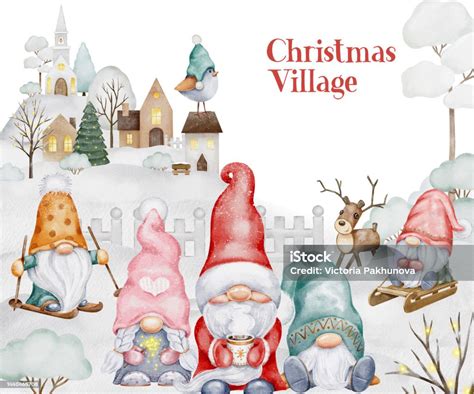 귀여운 격언 집 나무 눈 새 나무 사슴이 있는 크리스마스 마을 배너 겨울 풍경 장면 배경입니다 흰색 배경에 격리된 수채화 그림 인사말 카드 엽서 스크랩북을위한 휴일 디자인