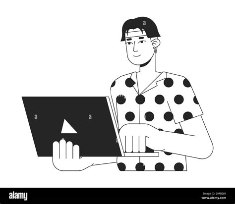 Hardworking Asian Freelancer Flat Line Black White Vector Character