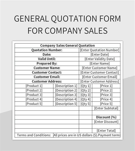 General Quotation Form For Company Sales Excel Template And Google Sheets File For Free Download