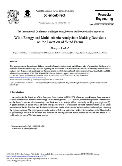 Pdf Wind Energy And Multi Criteria Analysis In Making Decisions On The Location Of Wind Farms