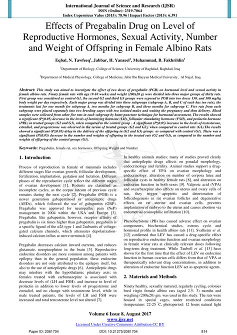 PDF Effects Of Pregabalin Drug On Level Of Reproductive Hormones Sexual Activity Number And