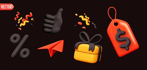 광고 및 프로모션을 위한 만화 플라스틱 스타일의 현실적인 3d 개체 집합입니다 판매 및 할인 디자인을위한 요소 선물 상자 손 제스처 클래스 엄지 손가락 라벨 태그 벡터 그림