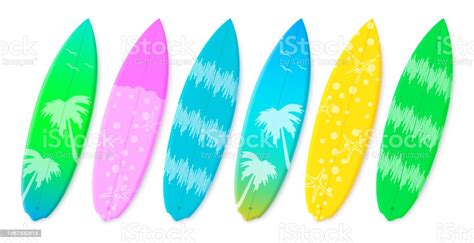 여름 서핑 보드 세트 화려한 패턴과 디자인의 여름 서핑 보드 요소 3차원 형태에 대한 스톡 벡터 아트 및 기타 이미지 3차원 형태 개체 그룹 계절 Istock