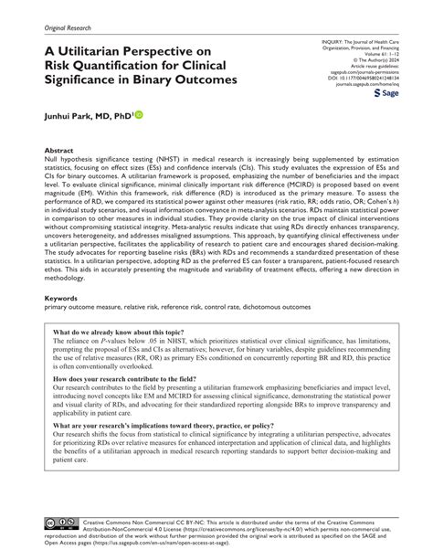 Pdf A Utilitarian Perspective On Risk Quantification For Clinical Significance In Binary Outcomes