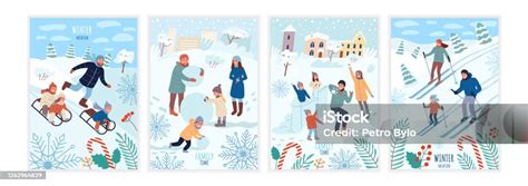 카드 세트 부모와 자녀의 겨울 활동 재미있는 캐릭터와 겨울 휴가의 분위기 쾌활한 가족 여가 시간 겨울 휴가 카드 배너 플랫 만화 벡터 일러스트레이션 가족에 대한 스톡 벡터