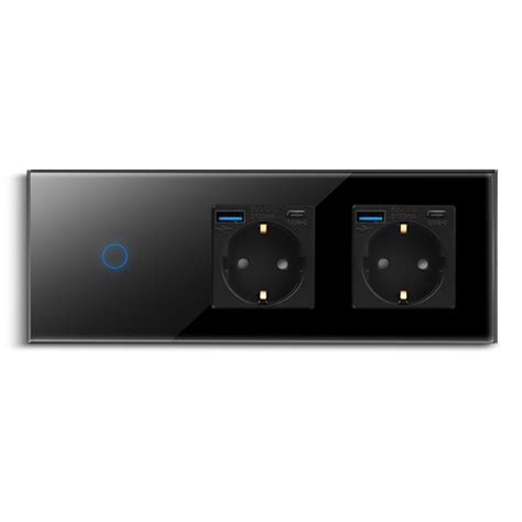 Сенсорный выключатель с двумя розетками с Usb и Type C 1 клавиша 2 розетки панель стекло