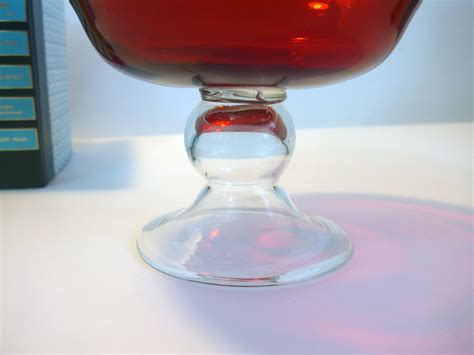 Vintage Ruby Red Bowl W Clear Glass Stem Compote Candy Dish Large