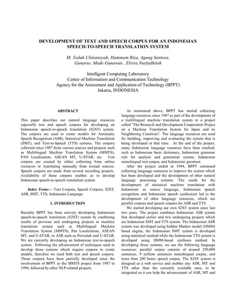 Pdf Development Of Text And Speech Corpus For An Indonesian Speech To