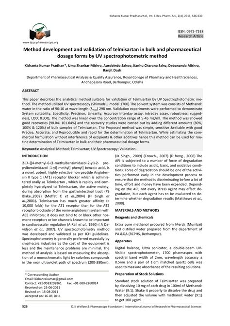 pdf method development and validation of telmisartan in bulk and