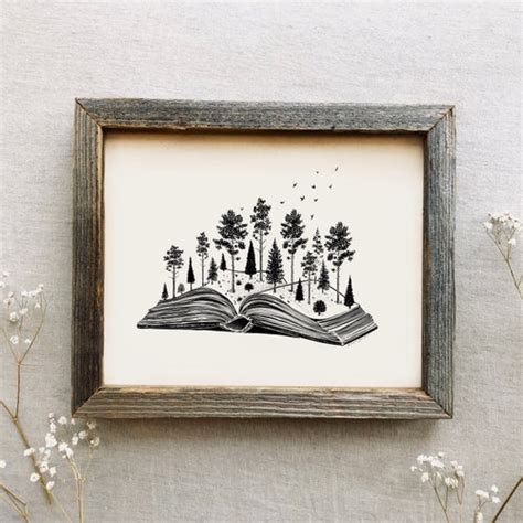 Forested Book Art Print Book Lovers Wall Art Nature Drawing Etsy
