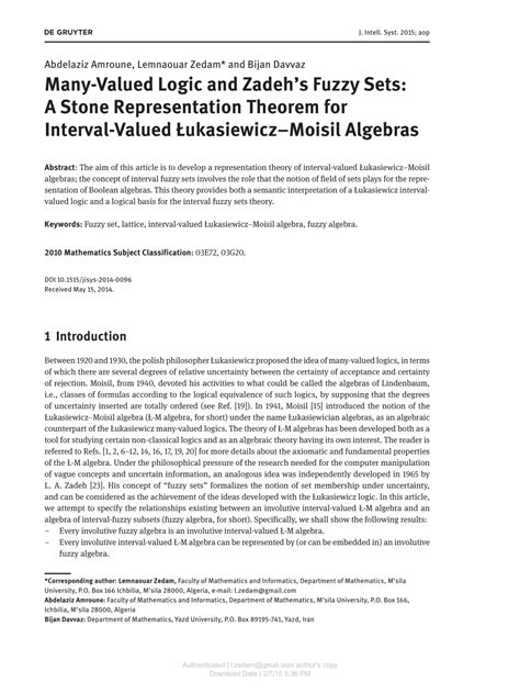 Pdf Many Valued Logic And Intuitionistic Fuzzy Sets A Stone Theorem Generalization
