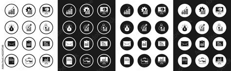 Set Computer Monitor With Graph Chart Target Money Bag Pie Infographic And Coin Diagram