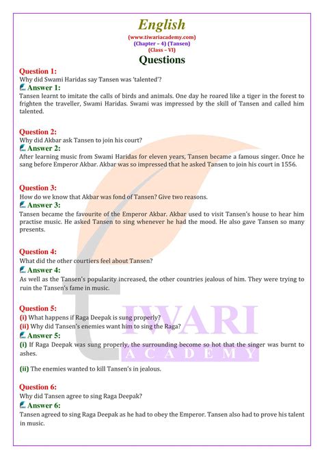 Ncert Solutions Class 6 English A Pact With The Sun Chapter 4 Tansen