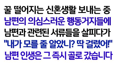 실화사연 꿀 떨어지는 신혼생활 보내는 중 남편의 의심스러운 행동거지들에 남편과 관련된 서류들을 살피다가 남편 인생은 그 즉시 골로 갔습니다ㅣ라디오드라마ㅣ사이다사연ㅣ
