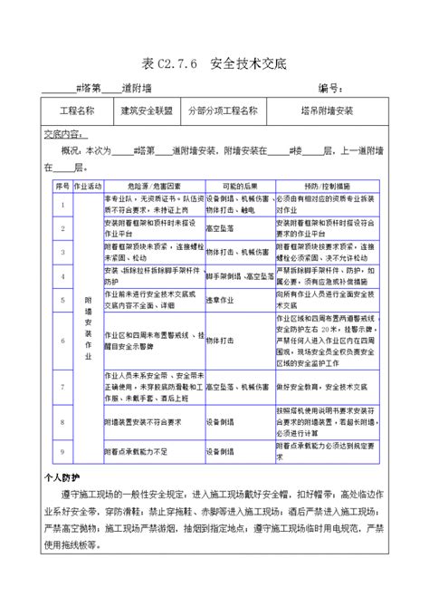 塔吊附墙安装安全技术交底表 工程 施工交底 土木在线