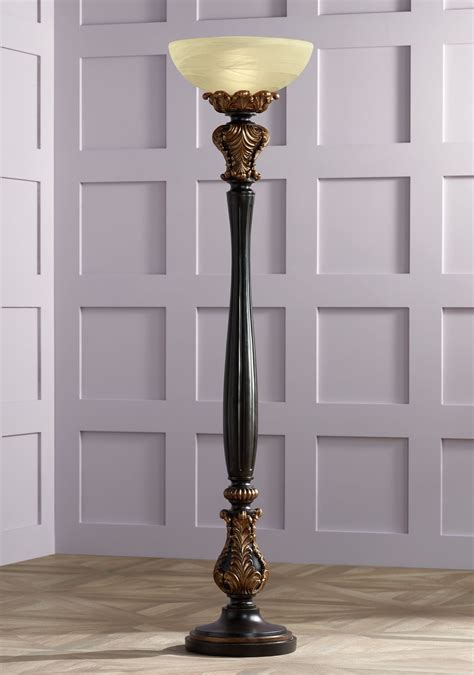 Barnes And Ivy Traditional Torchiere Floor Lamp Carved Wood Amber Glass Shade Foot Dimmer For